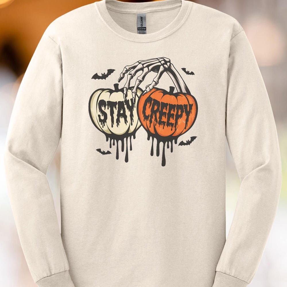 DOVU Stay Creepy Hal.Low.Een Sweatshirt Skeleton Hand Pumpkin Bats ...