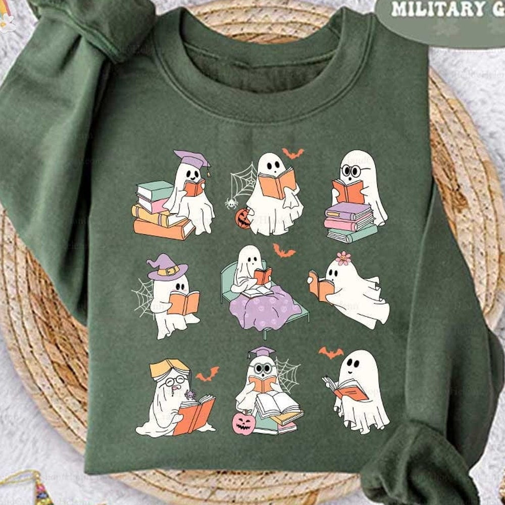 DOVU Teacher Hal.Low.Een Sweatshirt Read More Books, Ghost Reading Sweatshirt, Spooky Teacher ...