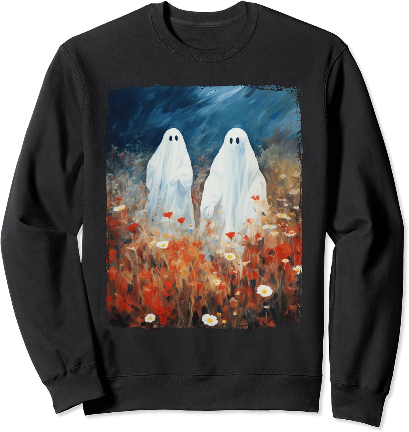 DOVU Two Ghosts In Flower Field Spooky Cute Hal.Low.Een Art Ghost Sweatshirt Trendy Sweatshirt ...