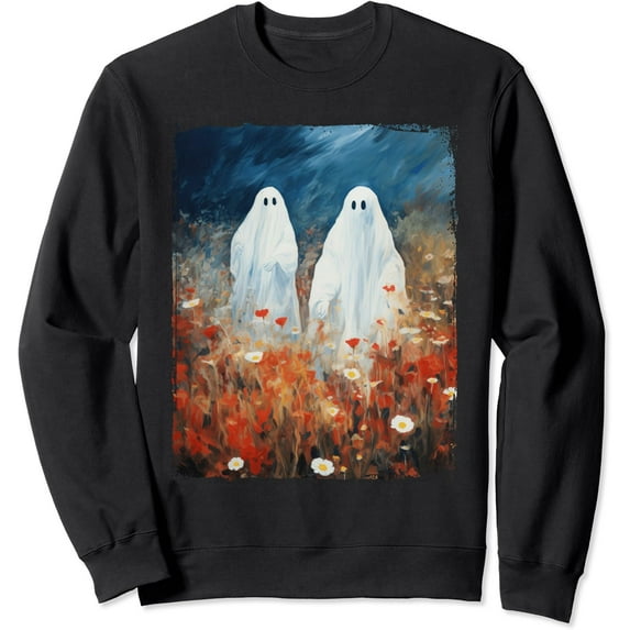DOVU Two Ghosts In Flower Field Spooky Cute Hal.Low.Een Art Ghost Sweatshirt Trendy Sweatshirt ...