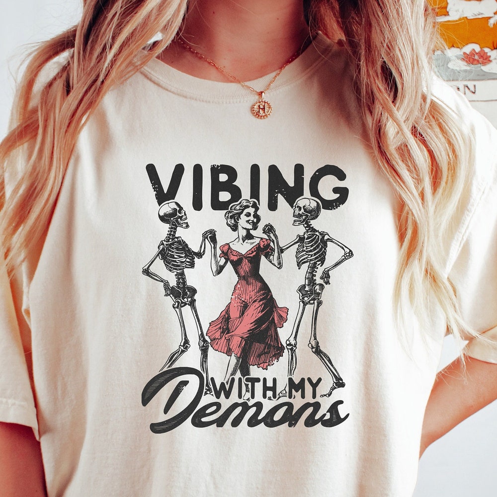DOVU Vibing With My Demons Shirt, Hal.Low.Een Funny Skeleton Sweater ...