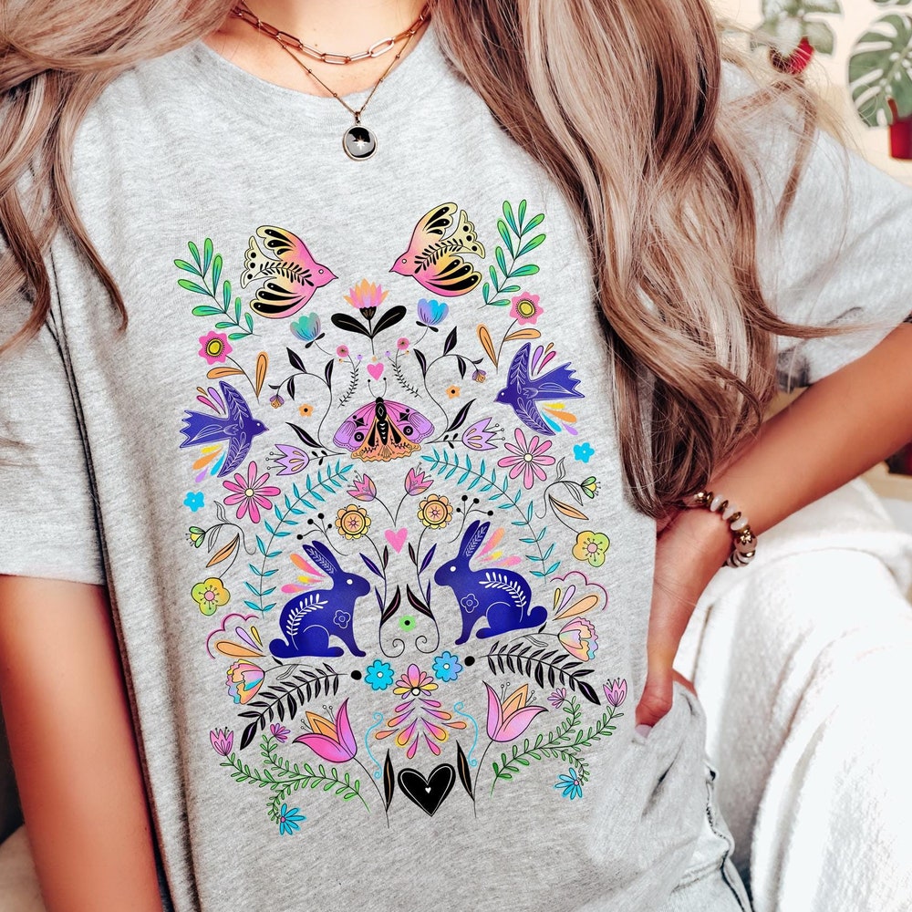 DOVU Vintage Cottagecore Nordic Birds And Flowers Scandi Folk Art Tee ...