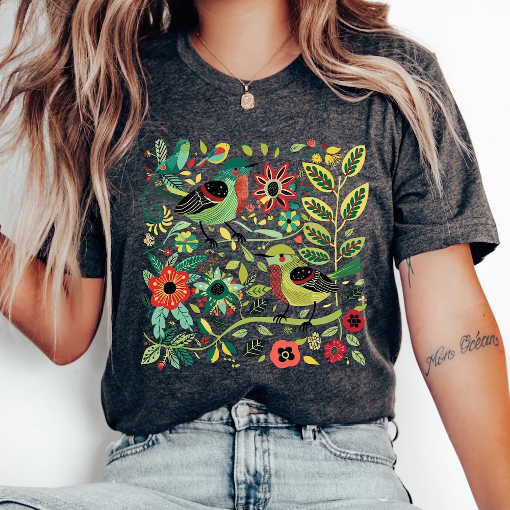 DOVU Vintage Cottagecore Nordic Birds And Flowers Scandi Folk Art Tee ...
