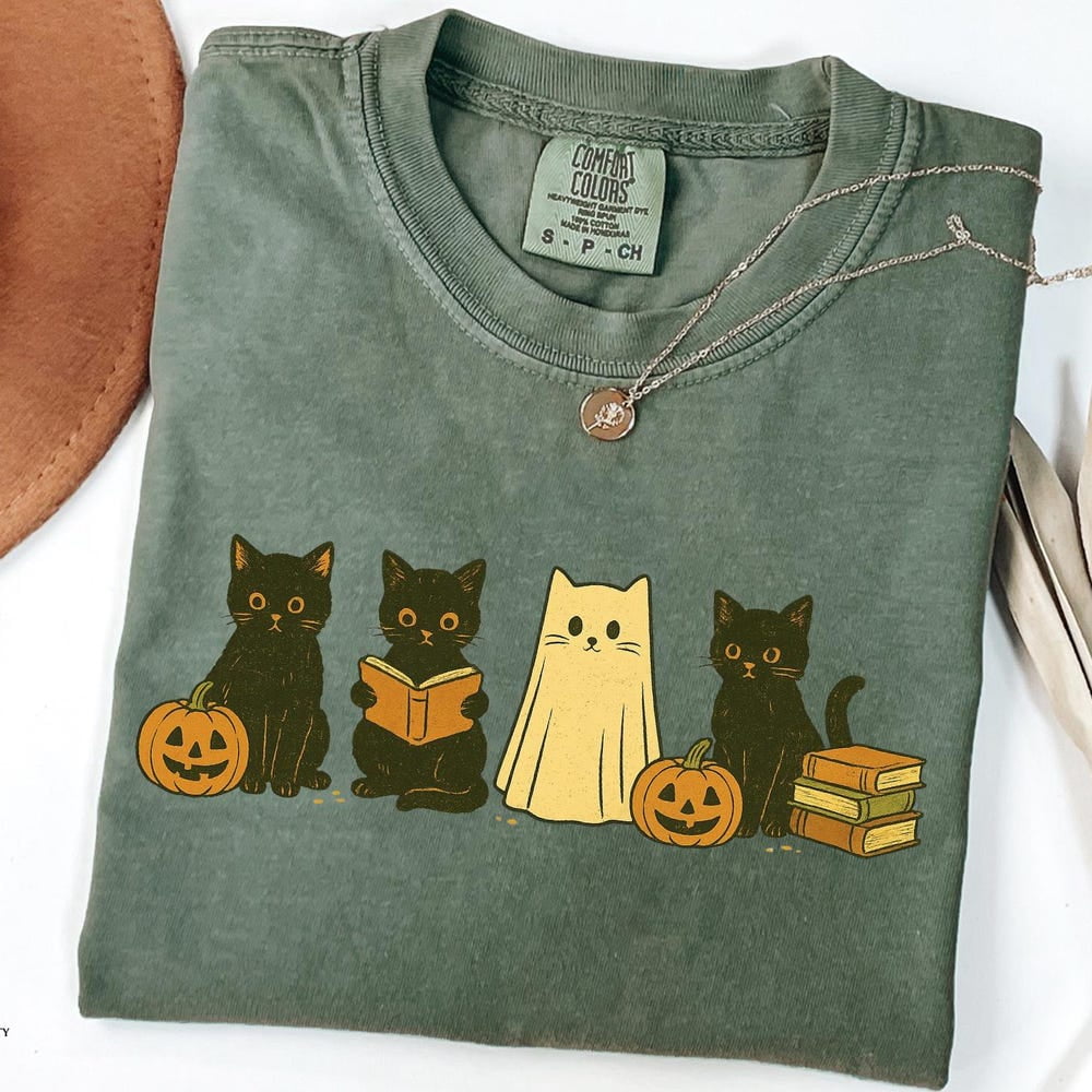 DOVU Vintage Hal.Low.Een Black Cat & Ghost Sweatshirt 80S Retro Cat Hal.Low.Een Ghost Tshirt ...