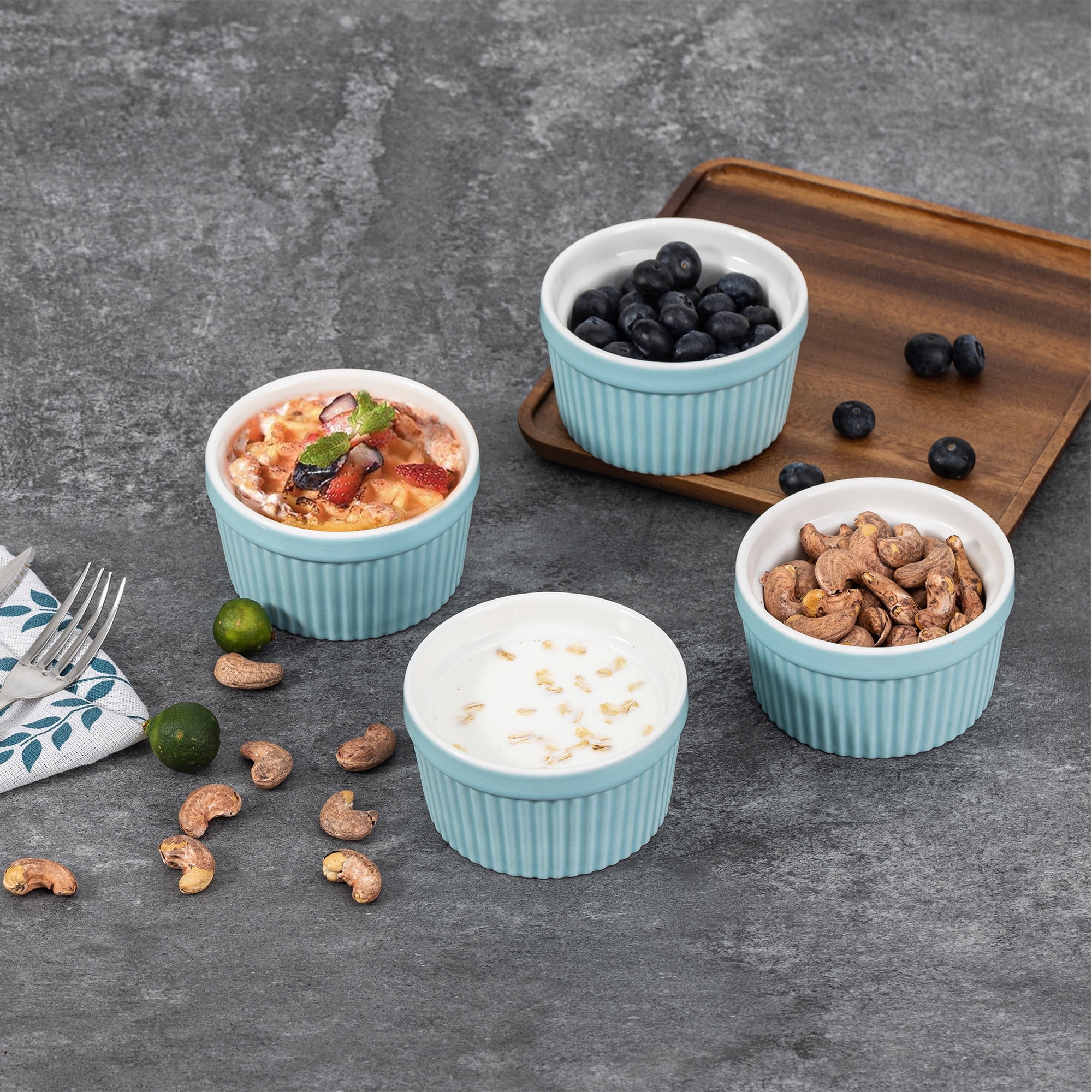 DOWAN 8Oz Porcelain Ramekins with Lid Set of 4, Blue Ceramic Ramekins ...