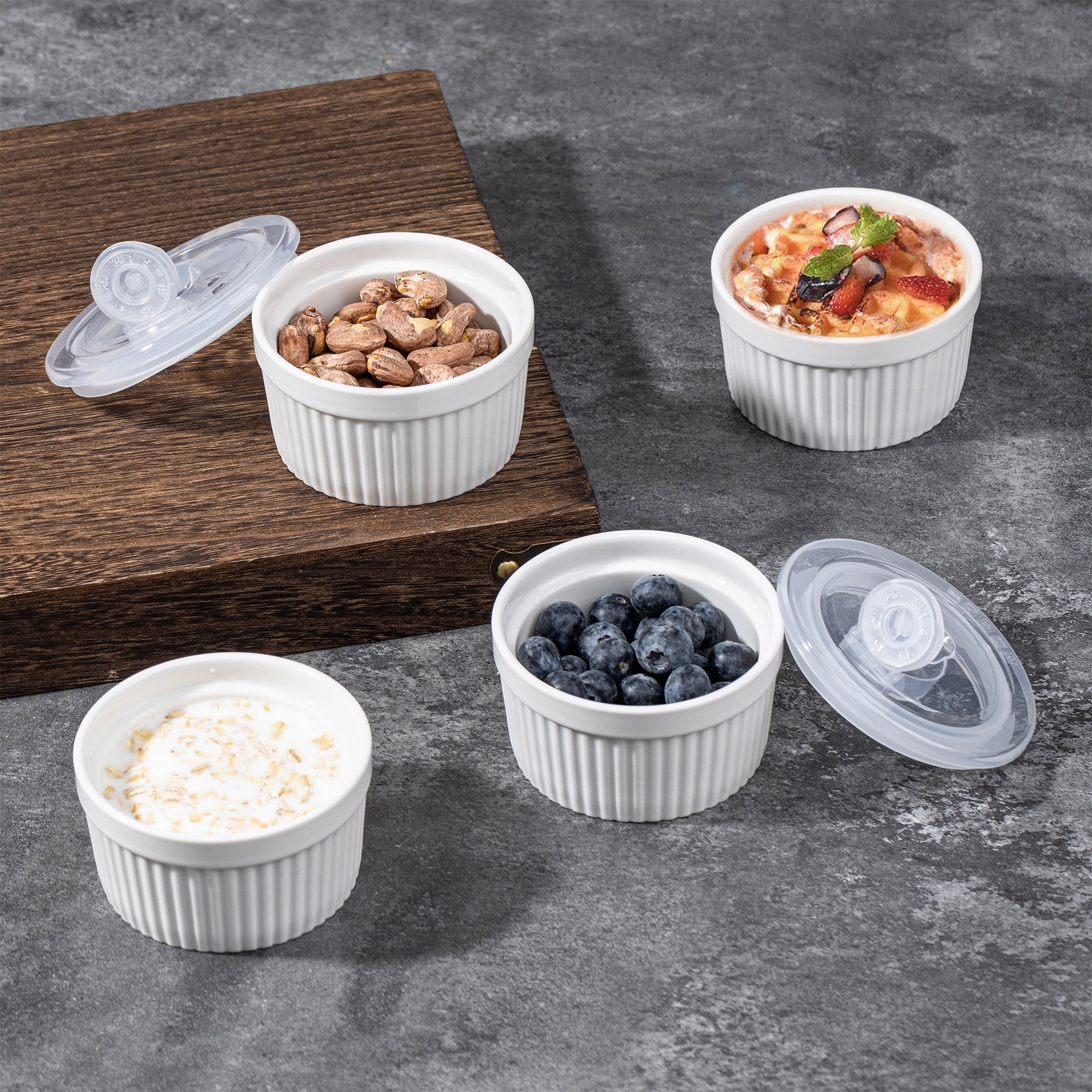 DOWAN 8Oz Porcelain Ramekins with Lid Set of 4, White Ceramic Ramekins ...