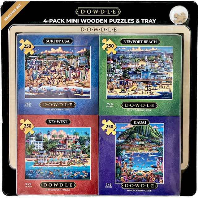 DOWDLE 4-Pack Mini Puzzles & Tray: Beaches Set, 250 Pieces, 7”x9” Wood ...