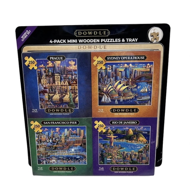 DOWDLE 4-Pack Mini Wooden Puzzles & Tray - World Cities Set, 250 Piece ...