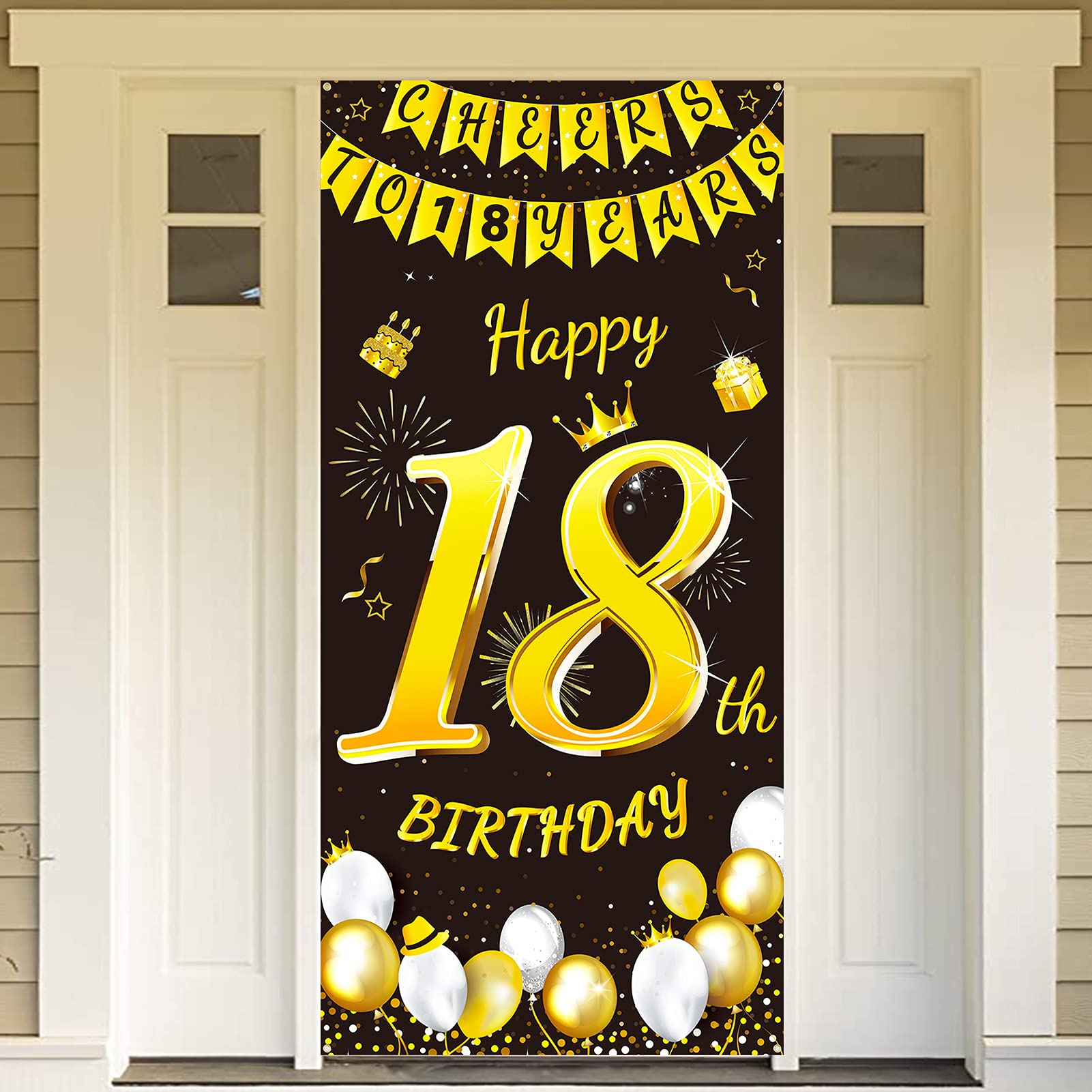 DPKOW Black Gold 18th Decoration Birthday AFN1Banner Backdrop Door Wall Garden Table 185 x 90cm ...