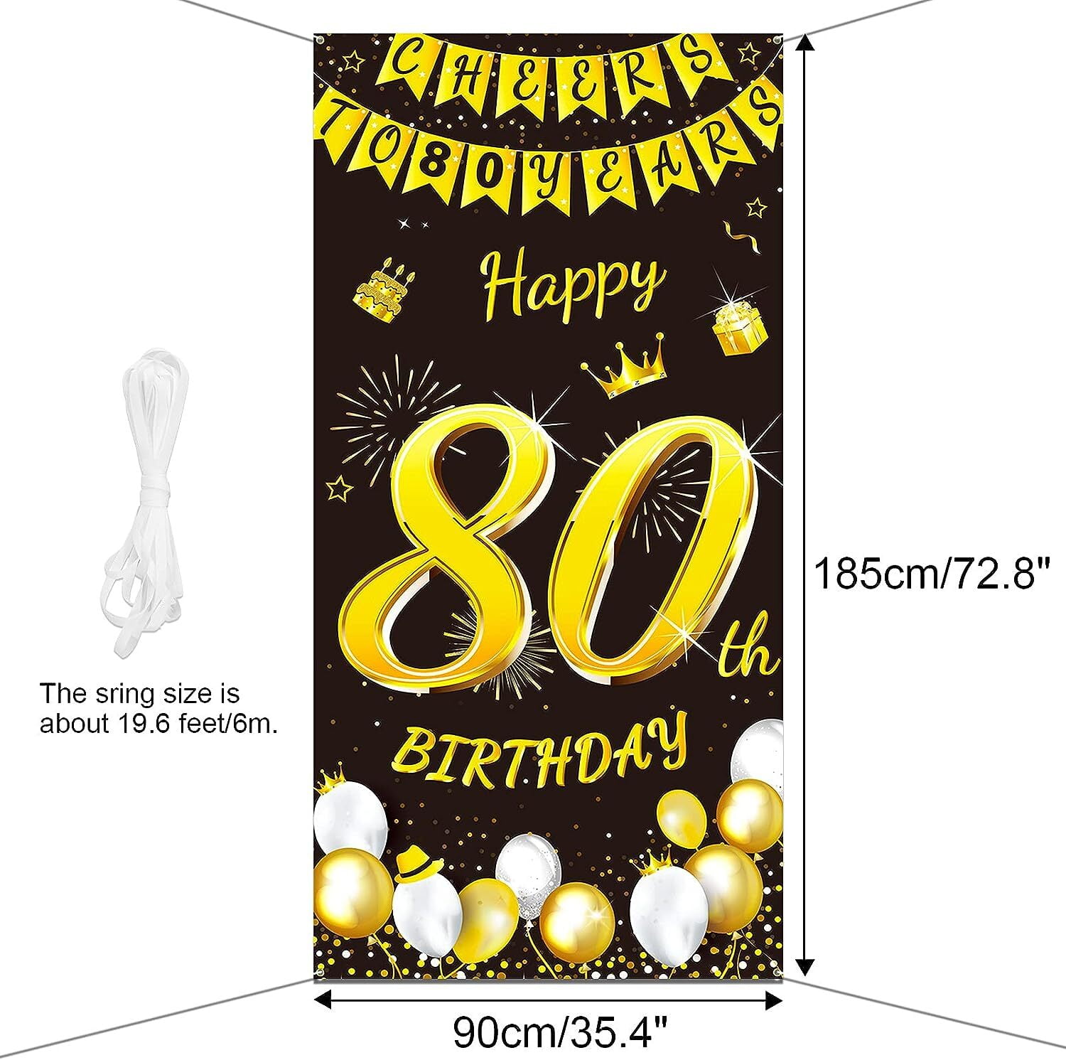 DPKOW Black Gold 80th Birthday Banner Decoration, 72.83x35.43inch Party ...