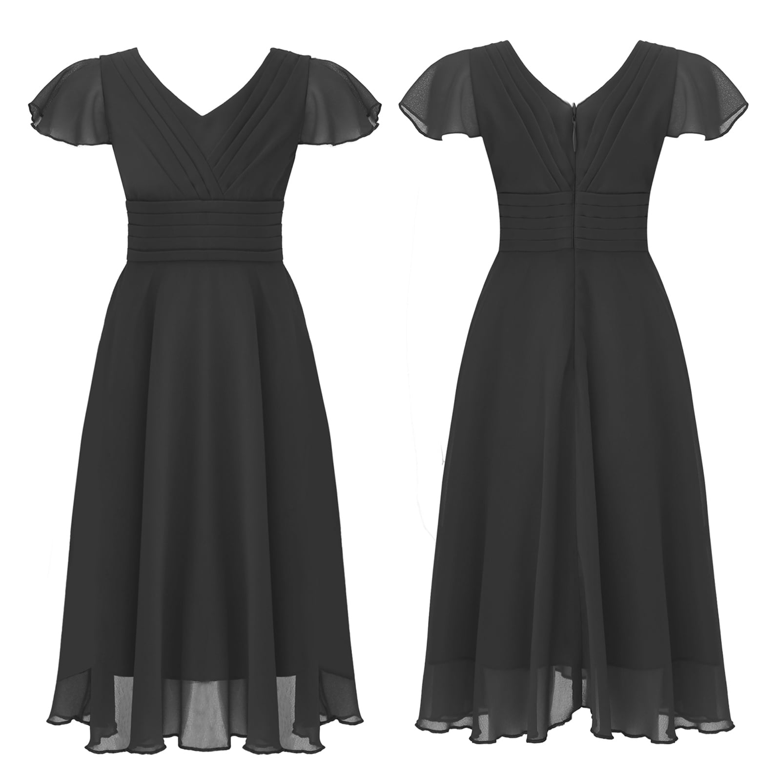 DPOIS Chiffon Flower Girls Dress Kids V Neck Ruffle Sleeve Wedding ...