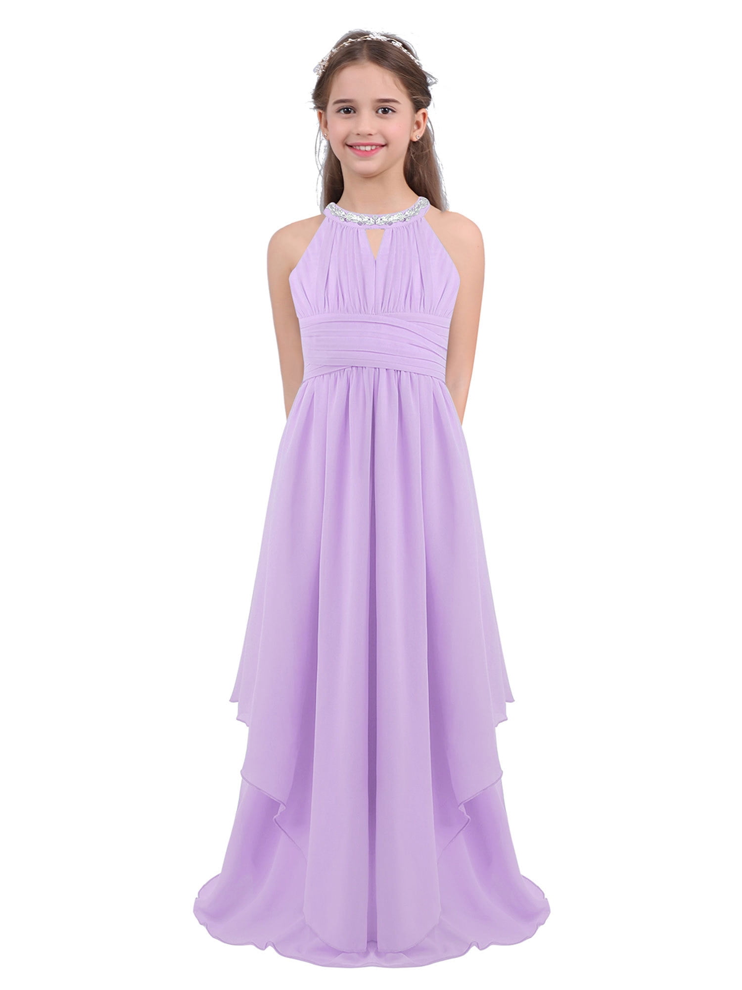 DPOIS Chiffon Halter Neck Ruffled Flower Girl Dress Formal Party Prom ...