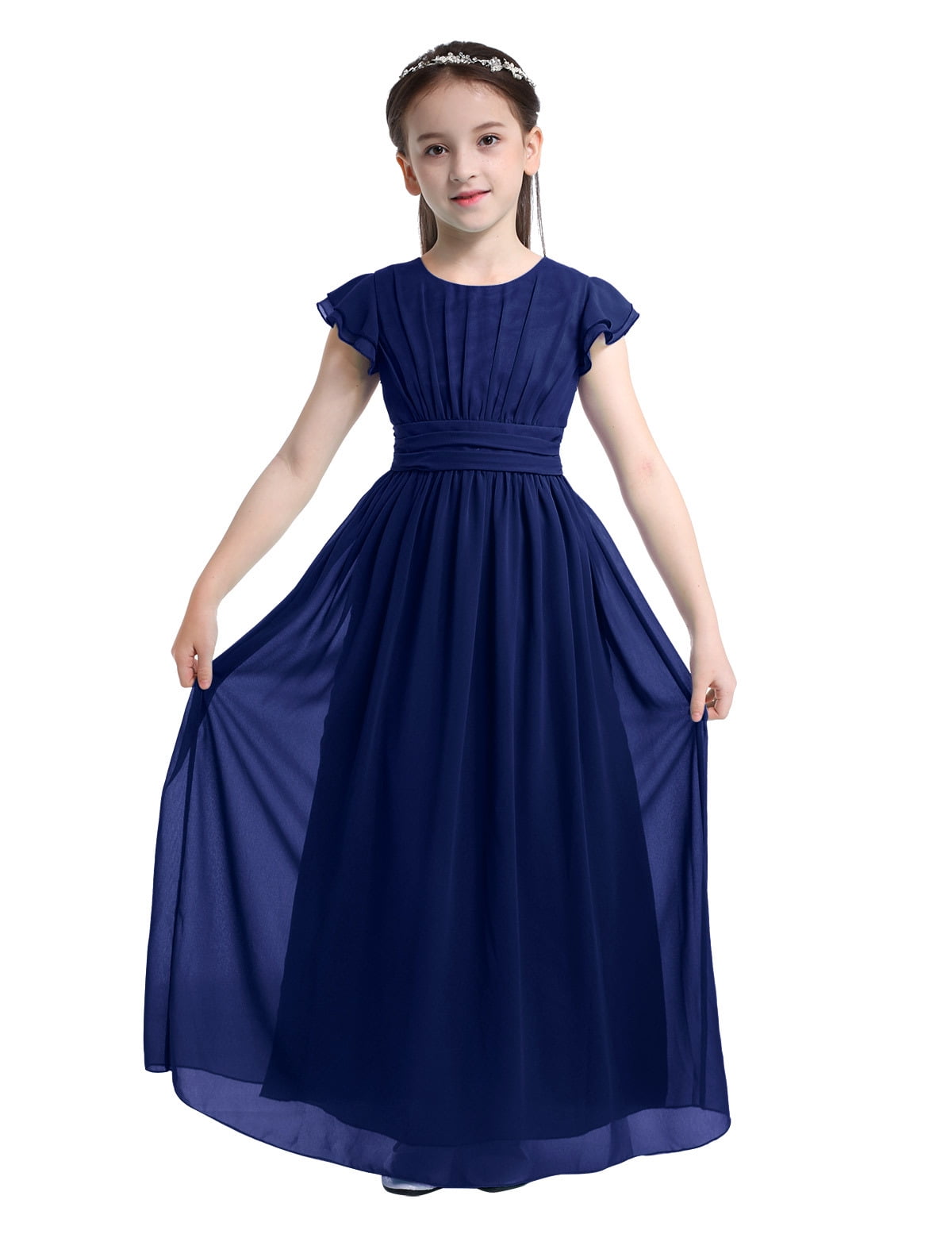 DPOIS Flower Girls Ruched Chiffon Weeding Bridesmaid Dresses Flutter ...