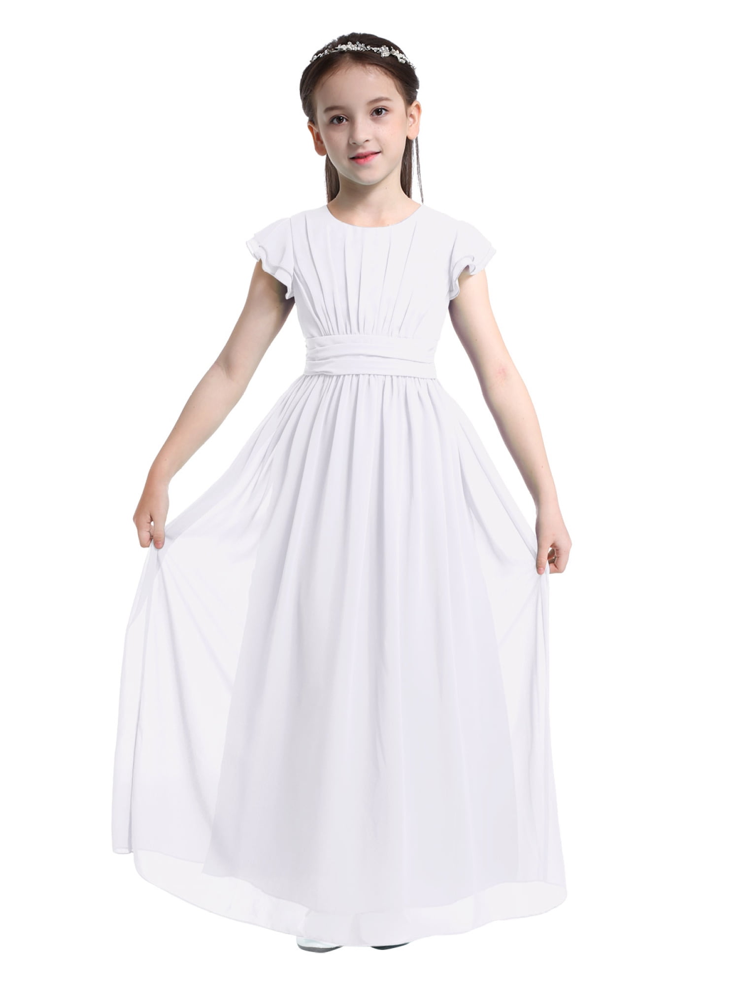 DPOIS Flower Girls Ruched Chiffon Weeding Bridesmaid Dresses Flutter ...