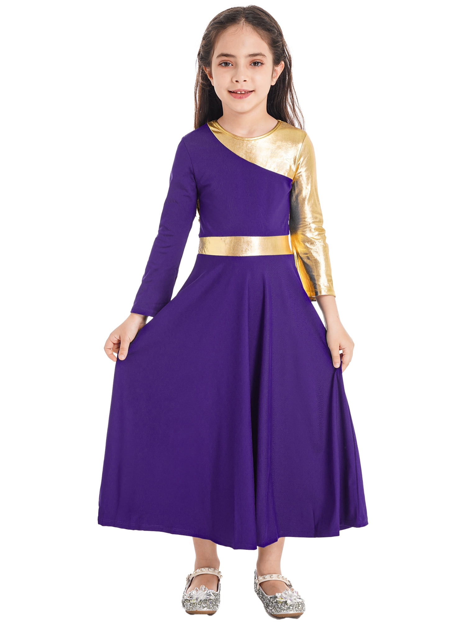 DPOIS Girl's Metallic Gold Color Block Praise Dance Dress Dancewear ...