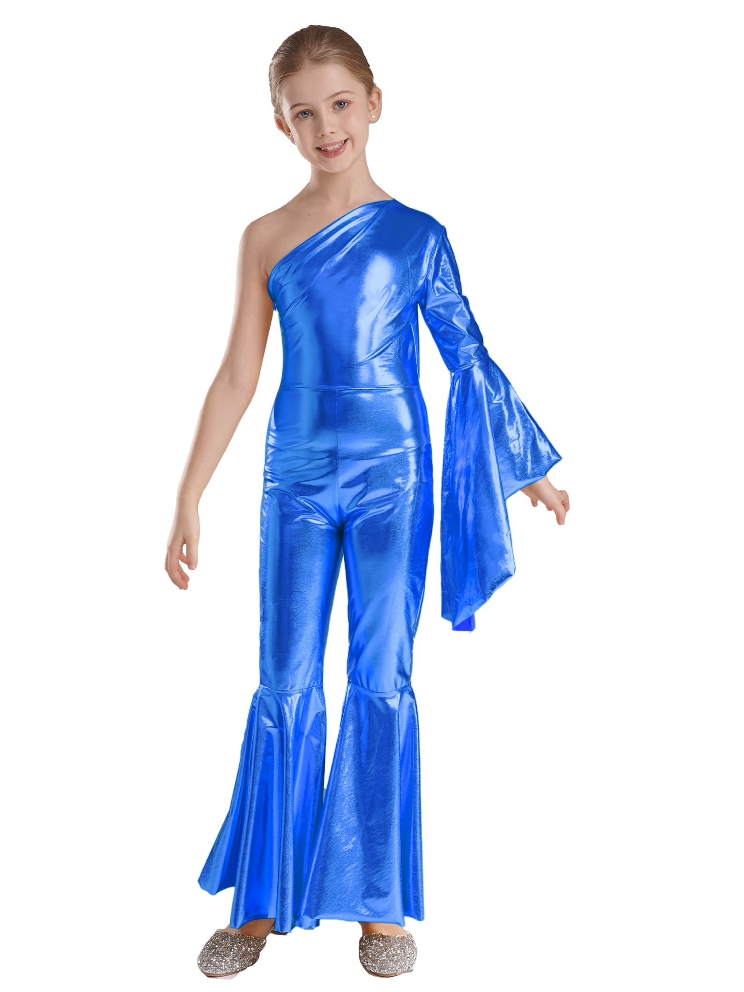 DPOIS Girl's One Shoulder Metallic Shiny Bell-Bottom Dance Jumpsuit ...