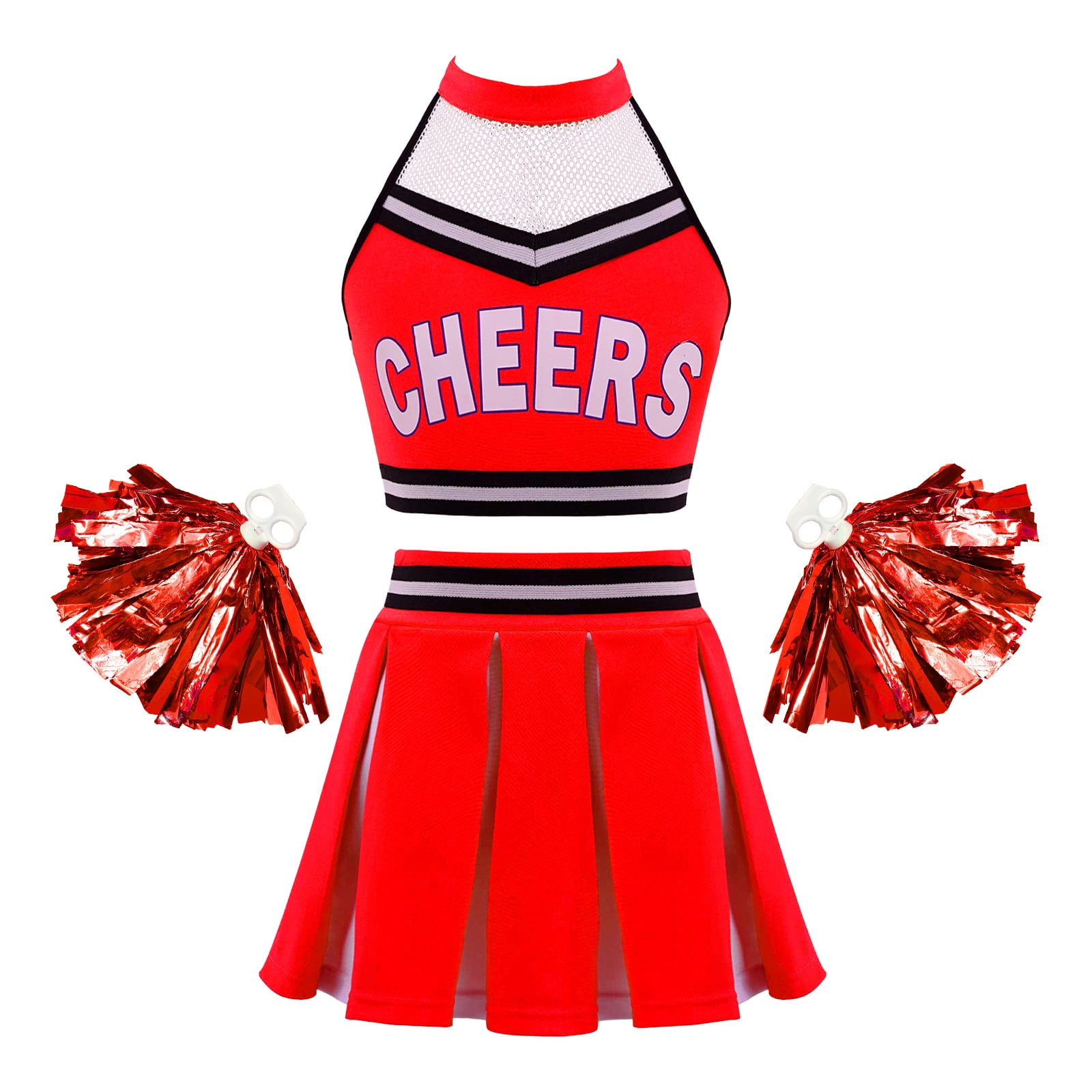 DPOIS Girls Cheerleading Uniform Costume Crop Top Pleated Skirt Pom ...