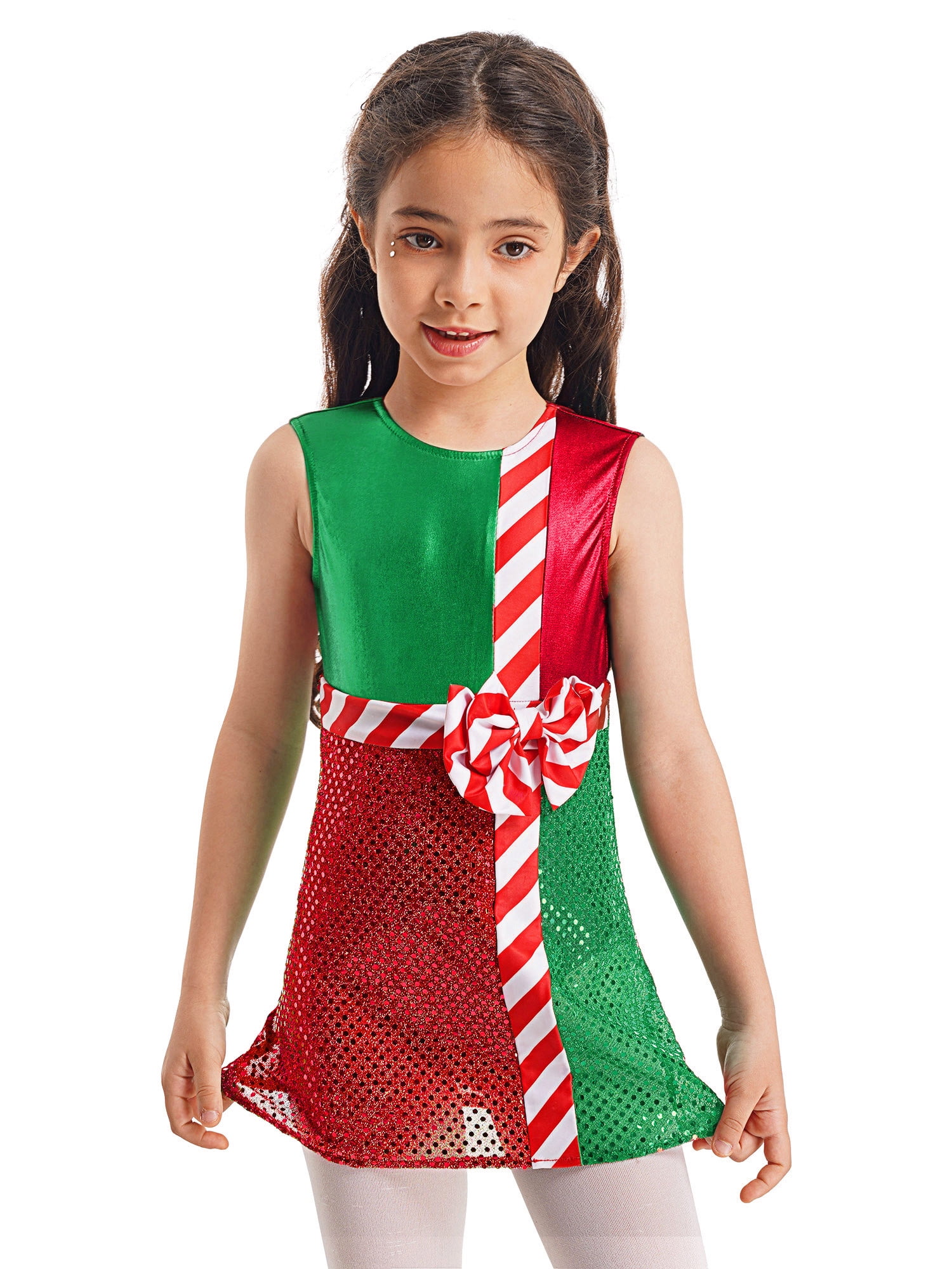 DPOIS Girls Christmas Santa Costume Sequin Shiny Tutu Dance Leotard ...