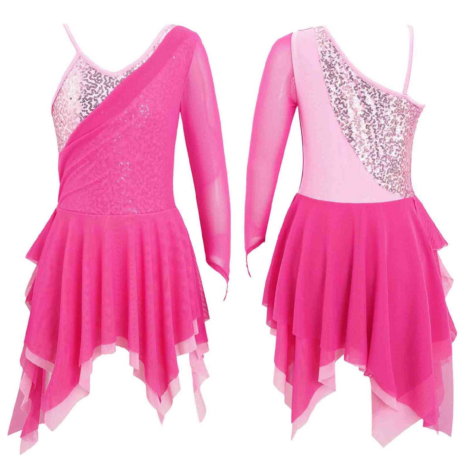 DPOIS Girls Dance Dress Sequin Mesh Splice Irregular Hem Leotard Dress ...