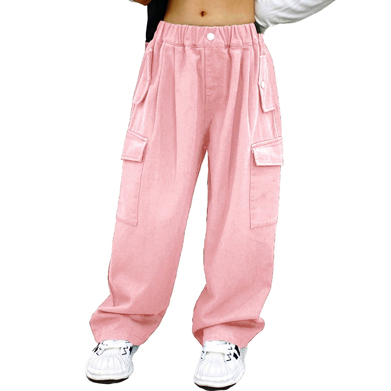 Dpois Girls Pink Cargo Pants, Wide Leg Joggers with Pockets, Jazz Hip ...