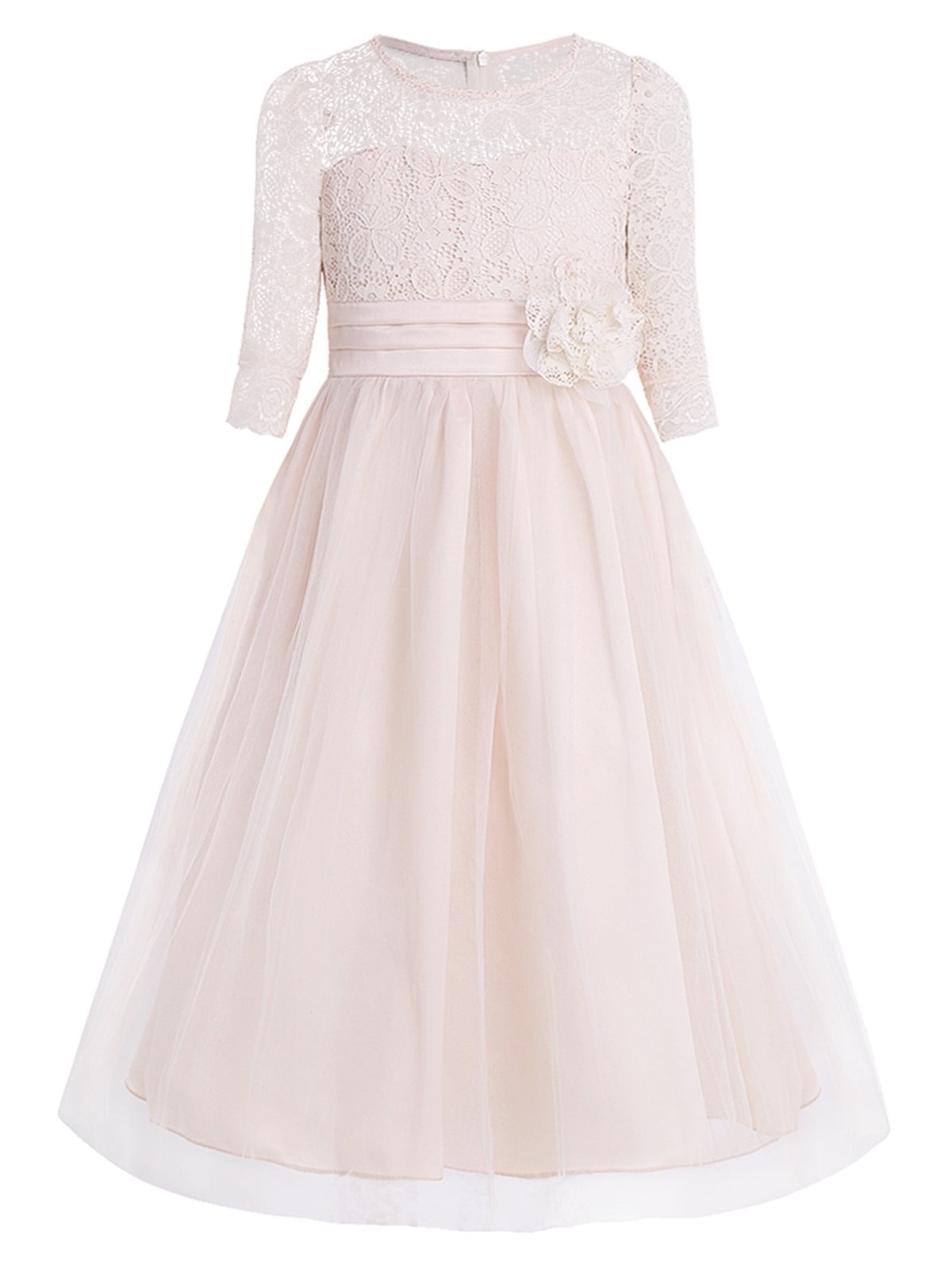 DPOIS Girls Lace Mesh Half Sleeves Flower Girl Dress Formal Party Gown ...
