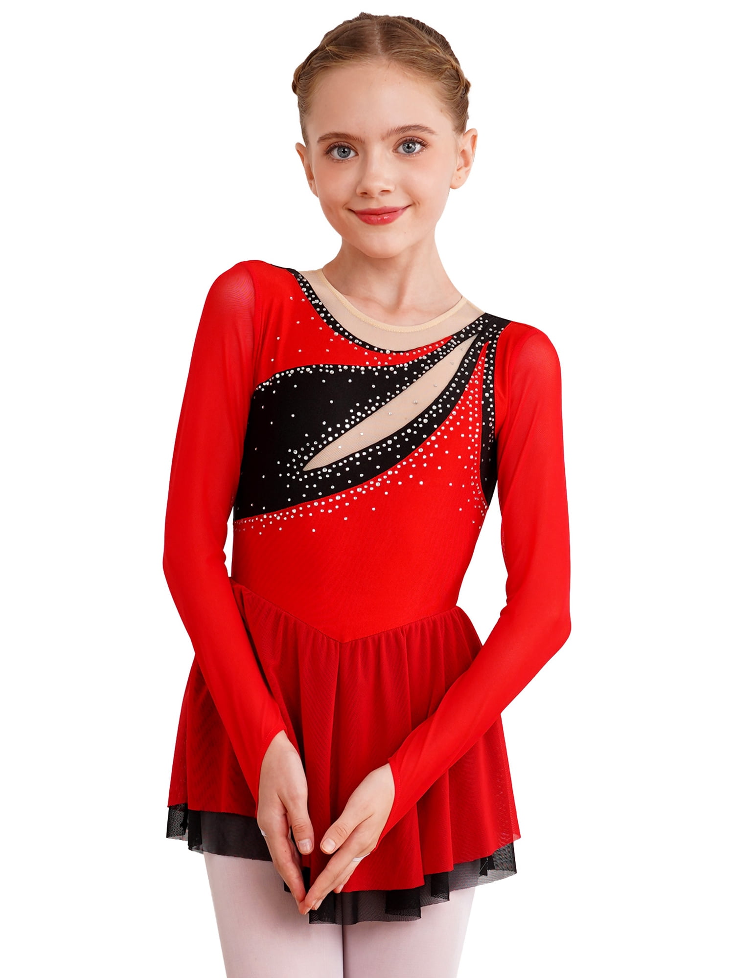 DPOIS Girls Long Sleeve Color Block Ballet Dance Skirted Leotard Ice Skating Dress Red 14 ...