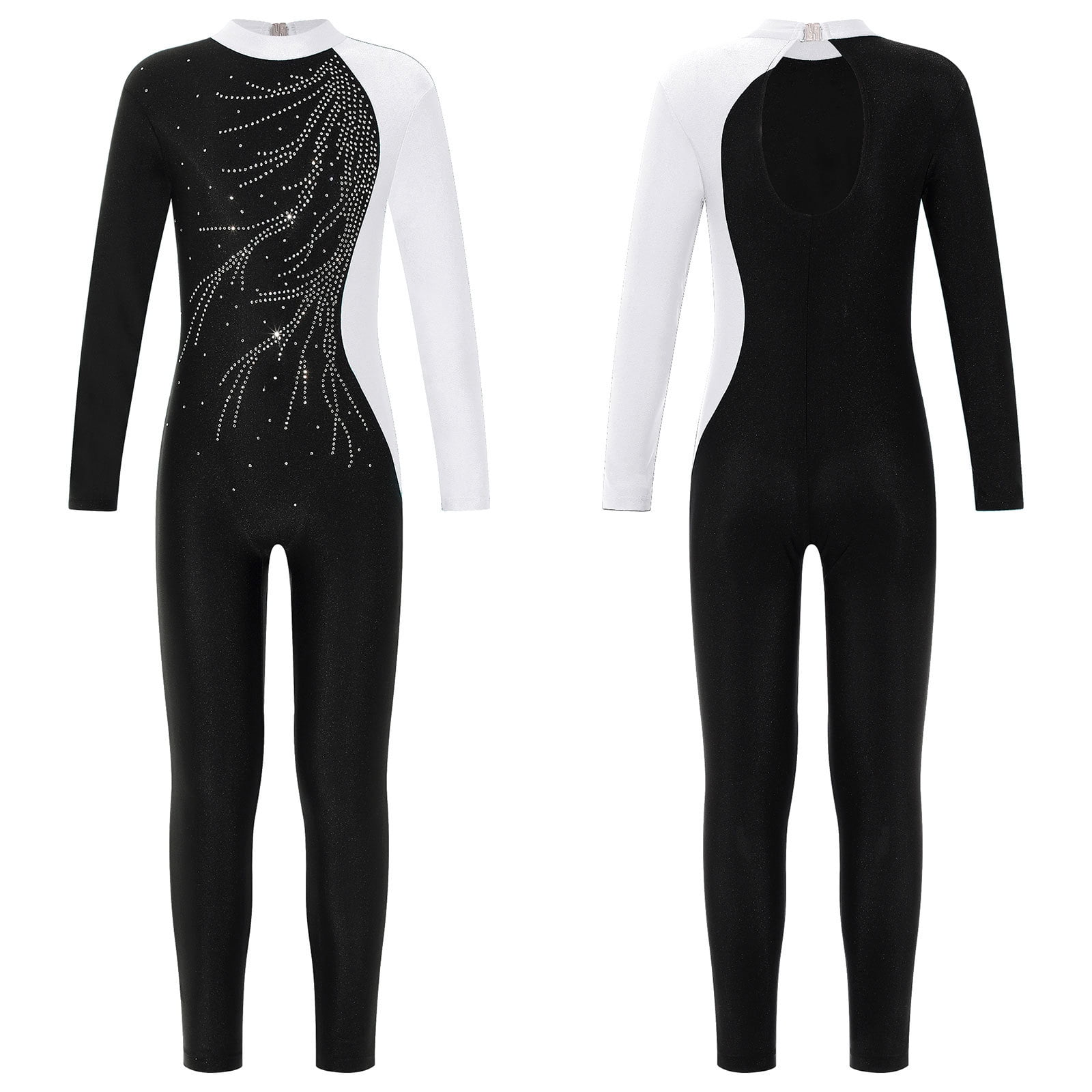 DPOIS Girls Long Sleeve Full Body Unitard Gymnastics Leotard Rhinestone ...