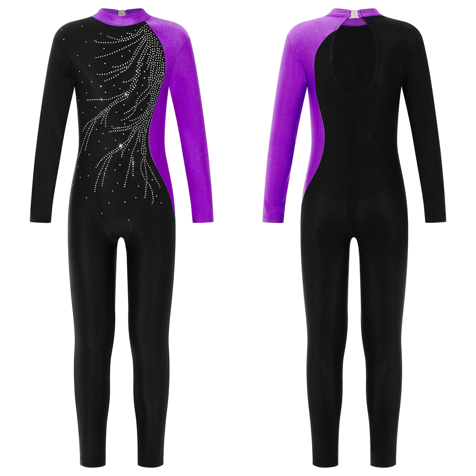 DPOIS Girls Long Sleeve Full Body Unitard Gymnastics Leotard Rhinestone ...
