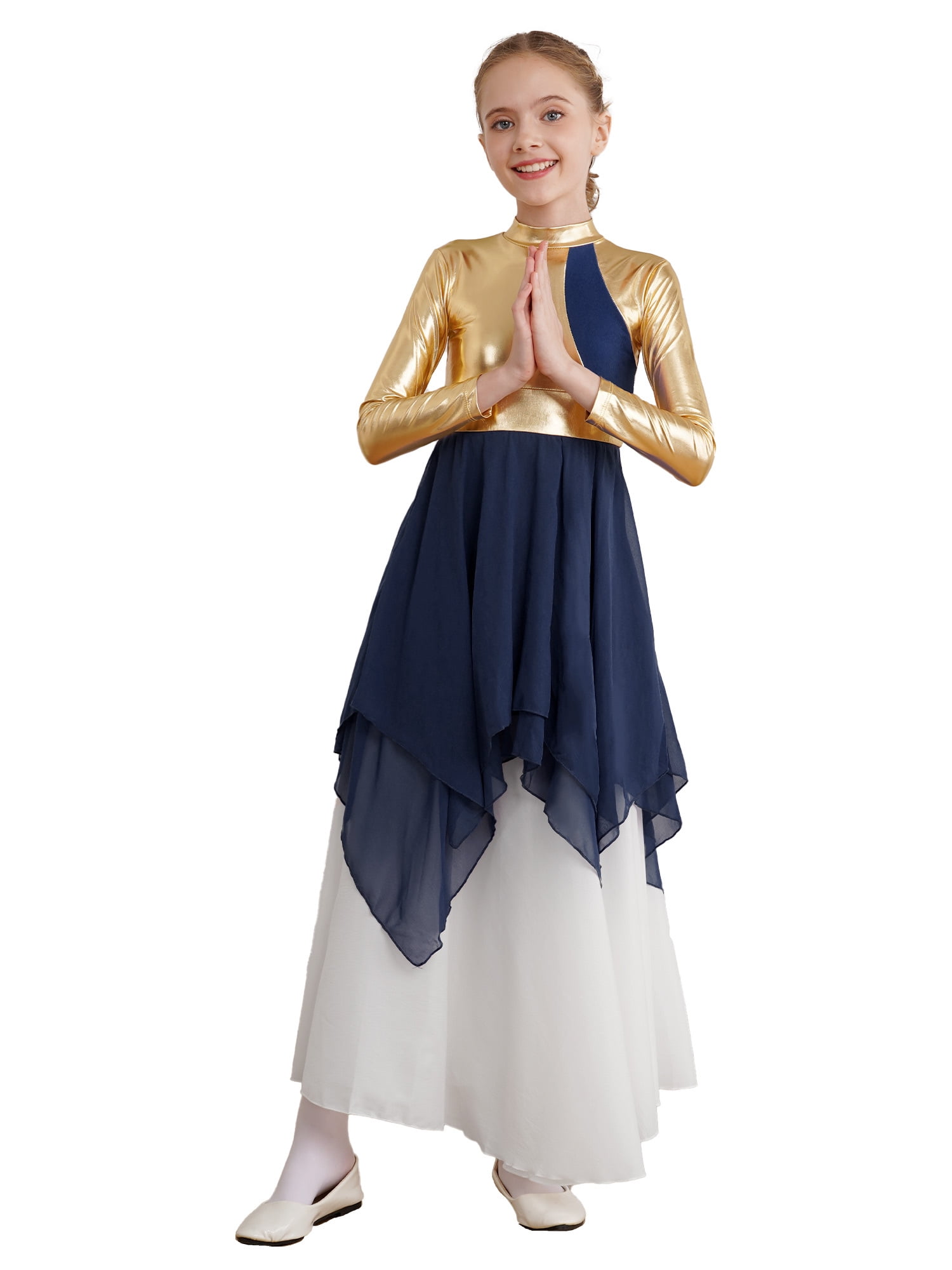 DPOIS Girls Metallic Liturgical Praise Dance Dress Worship Tunics Navy ...