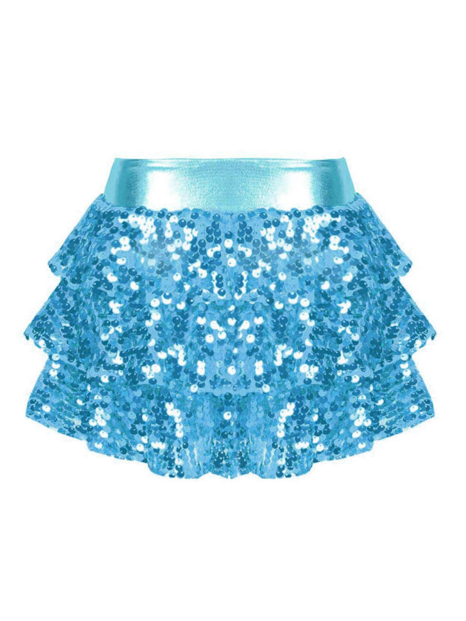 DPOIS Girls Sequined 3-Layers Ruffle Tiered Mini Skirt for Dance Light ...