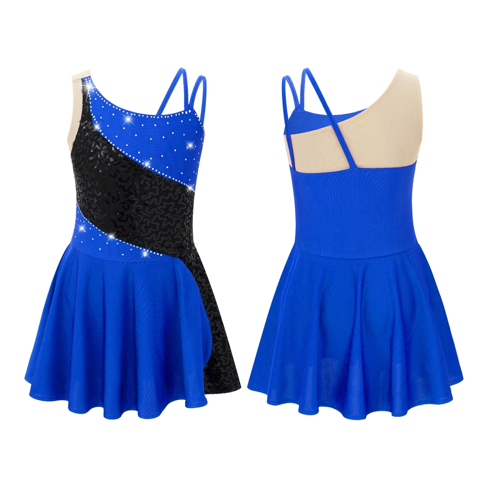 DPOIS Girls Shiny Mesh Spliced Figure Ice Skating Dress Ballerina ...