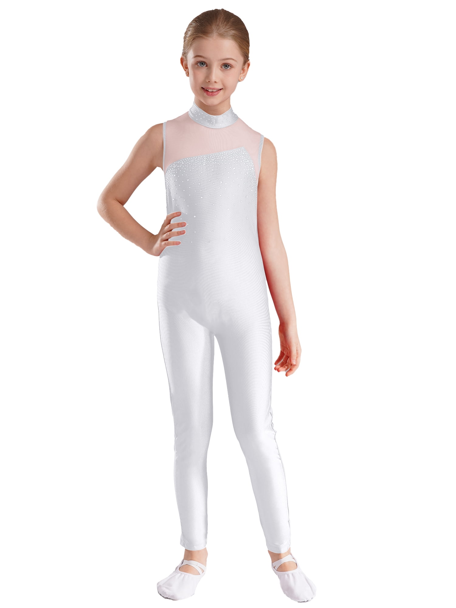 DPOIS Girls Sparkly Sleeveless Gymnastic Leotard Dance Unitards White ...