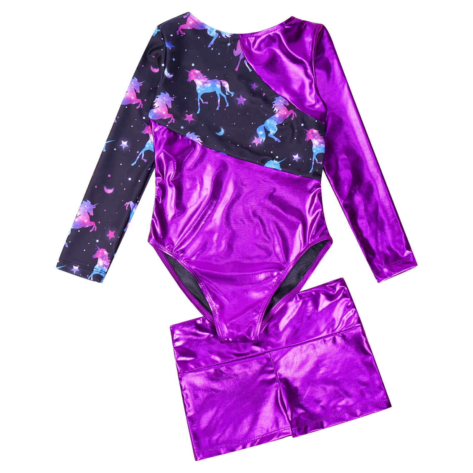 DPOIS Kid Girls Shiny Long Sleeve Gymnastics Leotard with Booty Shorts ...