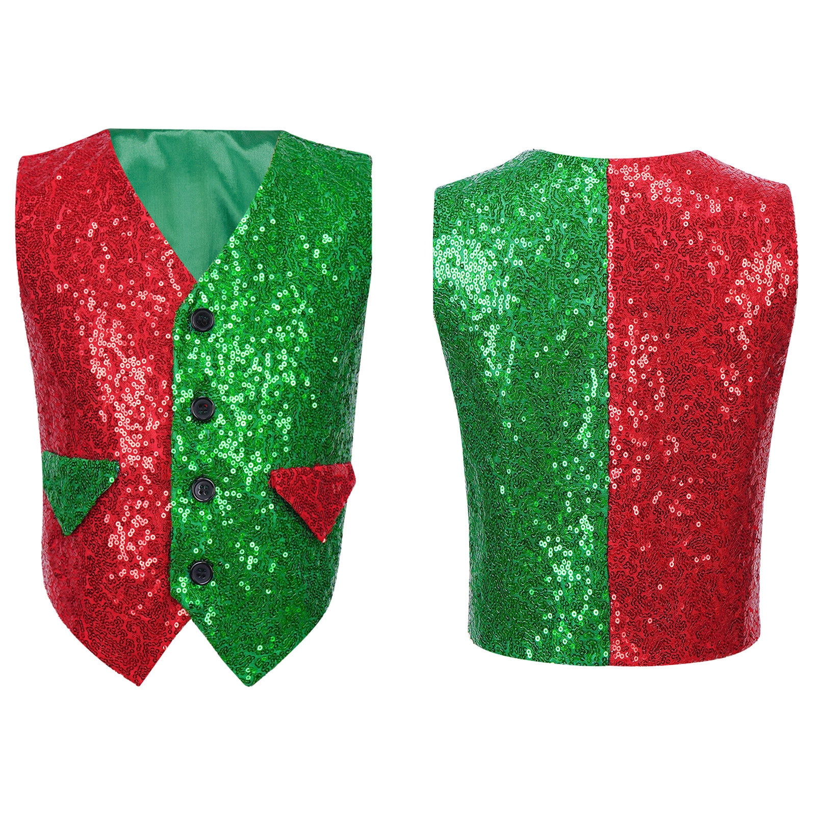 DPOIS Kids Boys Christmas Elf Costume Waistcoat Color Block Sequined ...