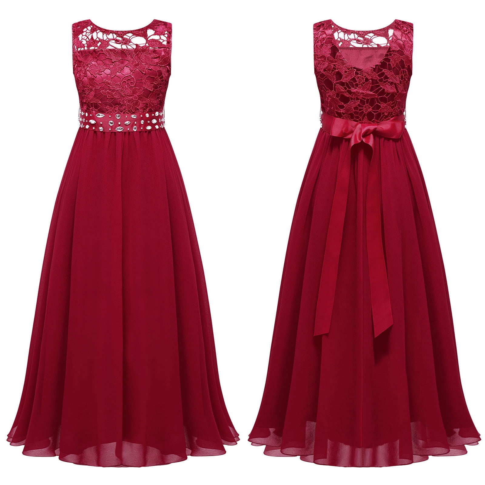 DPOIS Kids Flower Girls Long Maxi Lace Dress Sleeveless V Back Wedding ...