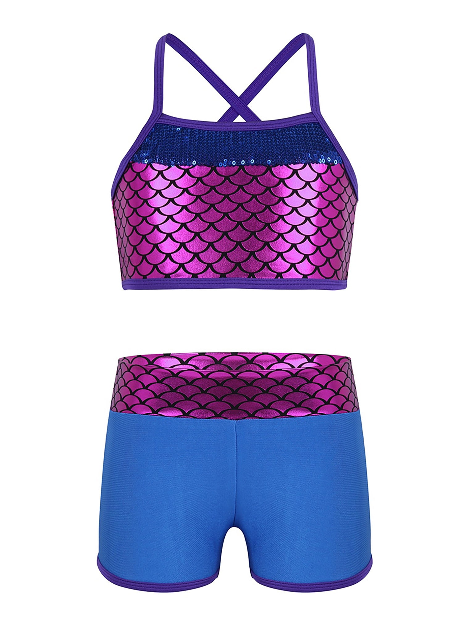 DPOIS Kids Girls 2 Piece Mermaid Scales Ballet Dance Sports Bra Crop ...