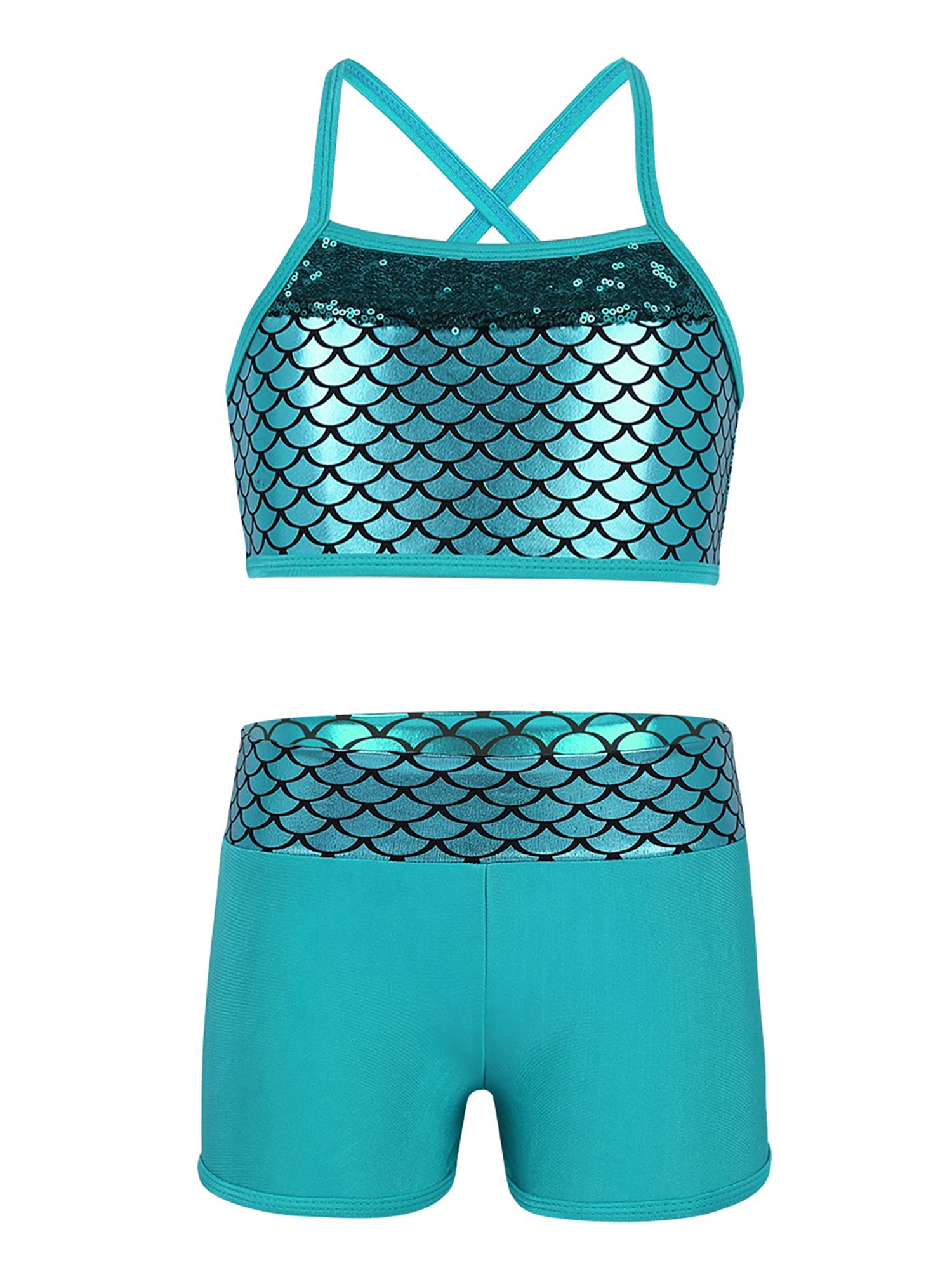 DPOIS Kids Girls 2 Piece Mermaid Scales Ballet Dance Sports Bra Crop ...
