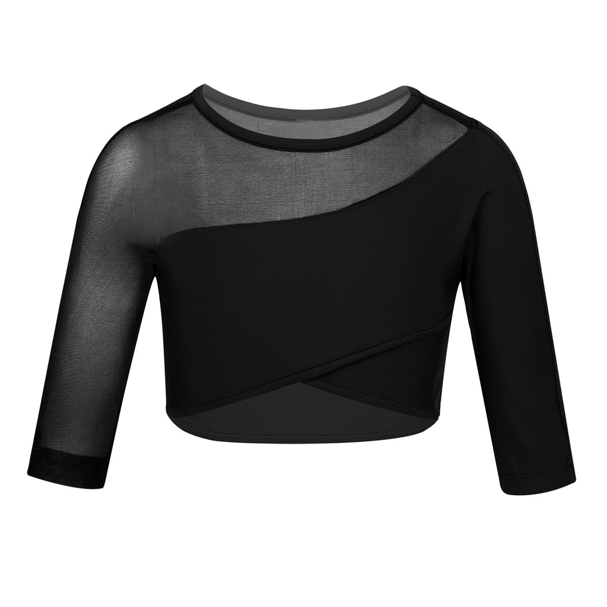 DPOIS Kids Girls 3/4 Sleeves Mesh Splice Crop Top Ballet Dance Wrap Top ...