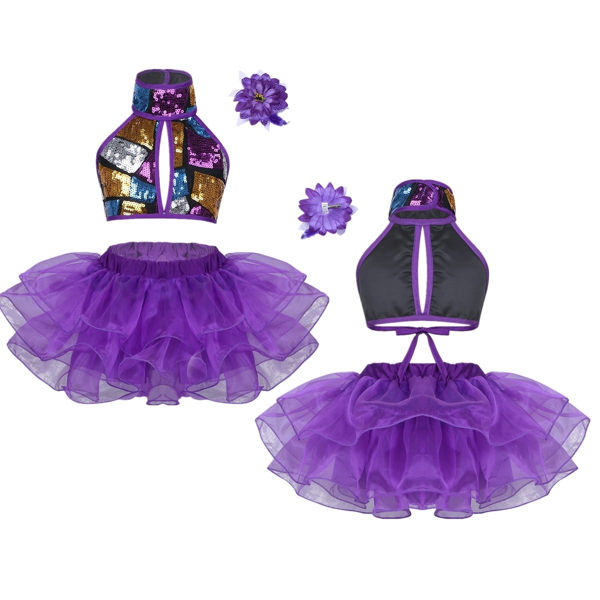 DPOIS Kids Girls Ballet Dance Costume Sequins Crop Tops with Mesh Tutu ...