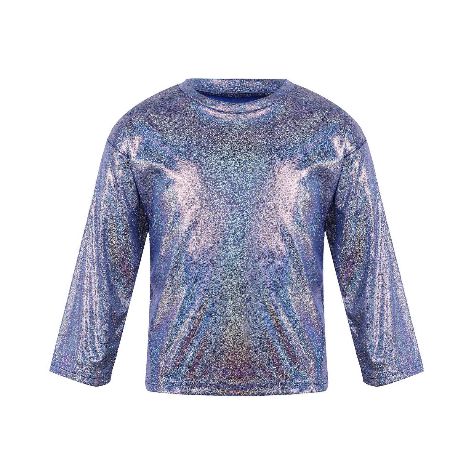 DPOIS Kids Girls Boys Long Sleeve Dance Tops Shiny Metallic Pullover T ...