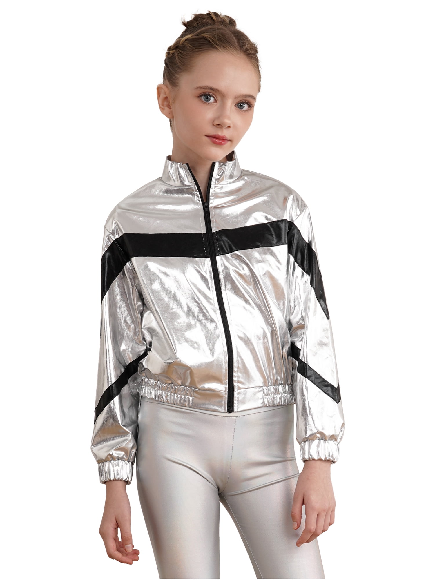 DPOIS Kids Girls Boys Shiny Metallic Bomber Jacket Flight Jacket Silver ...