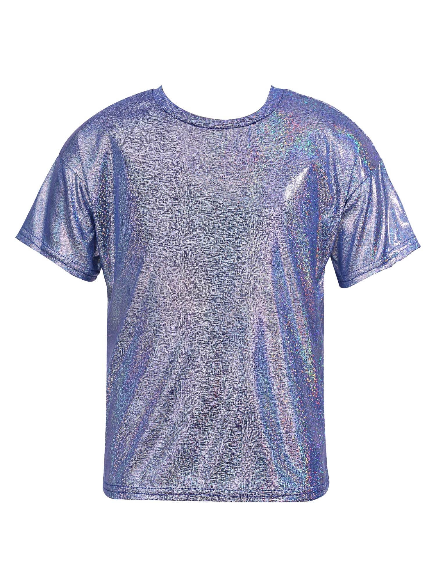 DPOIS Kids Girls Boys Sparkly Shiny Metallic Short Sleeves Dance Tops ...