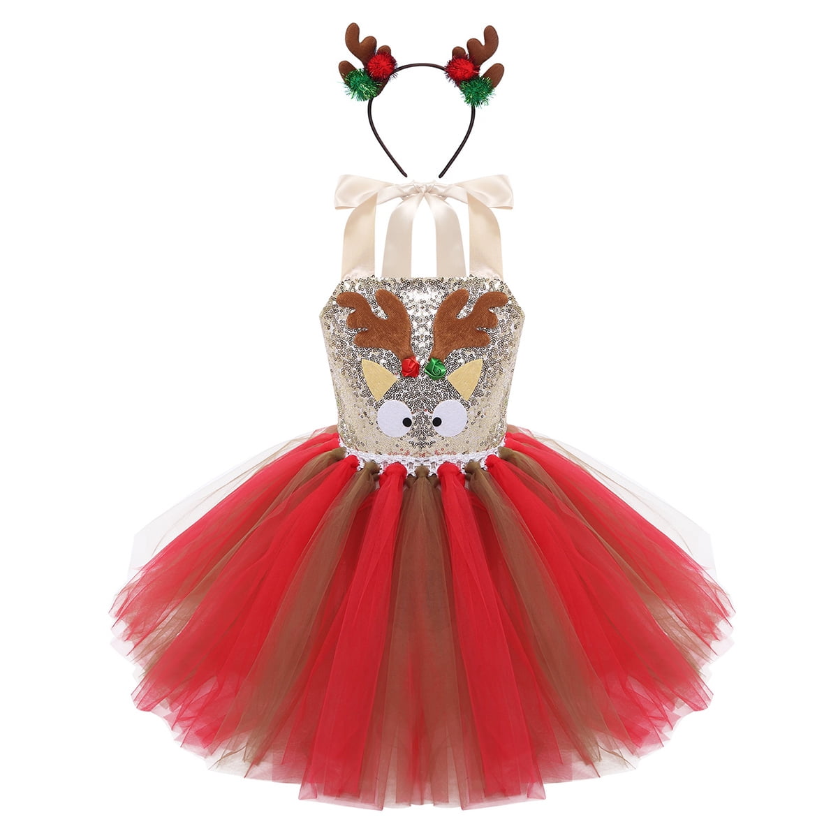 DPOIS Kids Girls Christmas Costume Dress Outfit Cartoon Elk Mesh Tutu ...