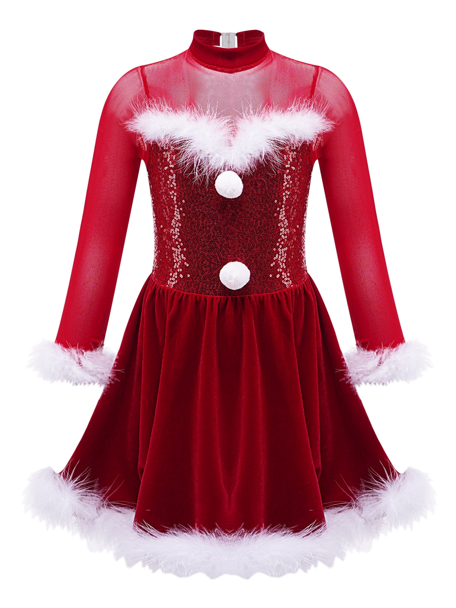 DPOIS Kids Girls Christmas Costume Long Sleeve Layered A-line Velvet ...