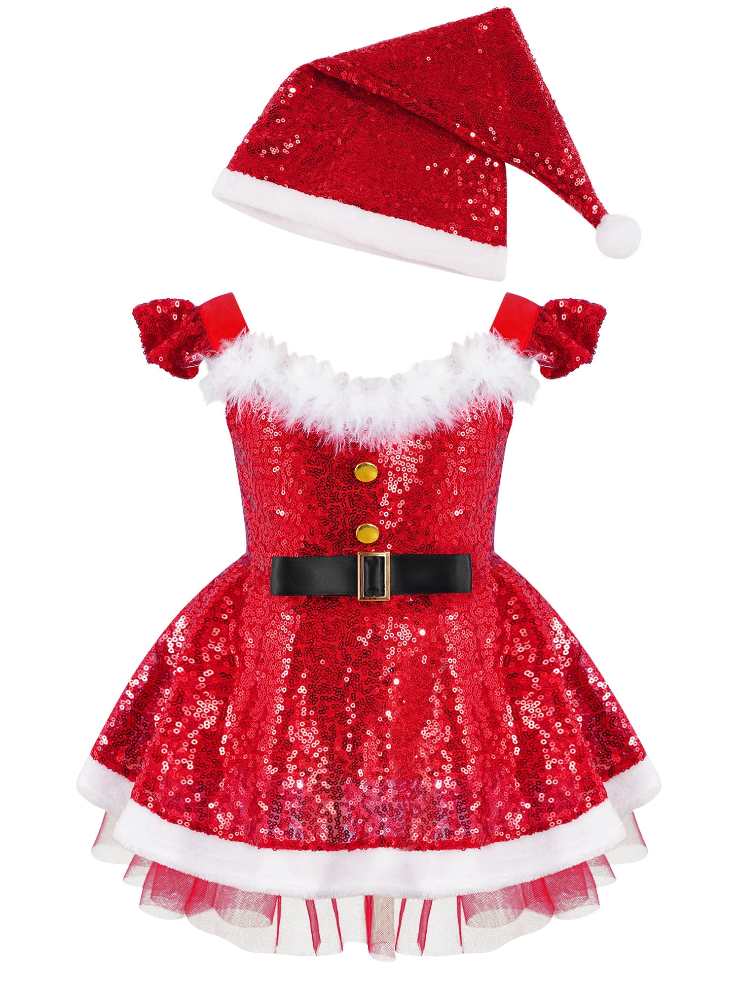 DPOIS Kids Girls Christmas Mrs Santa Costume Cosplay Outfit Shiny ...