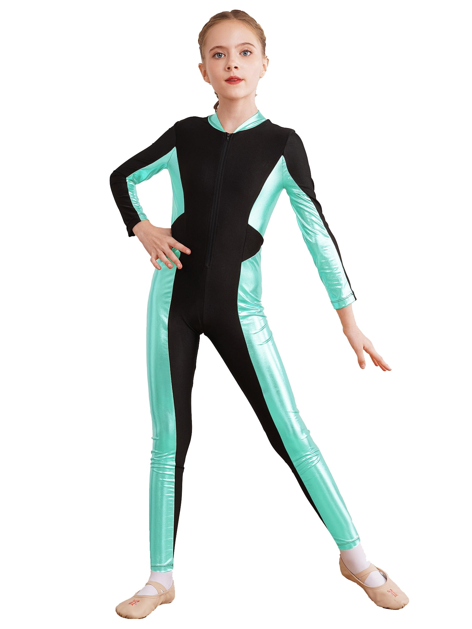 DPOIS Kids Girls Gymnastics Unitard Long Sleeve Jumpsuit Metallic Full ...
