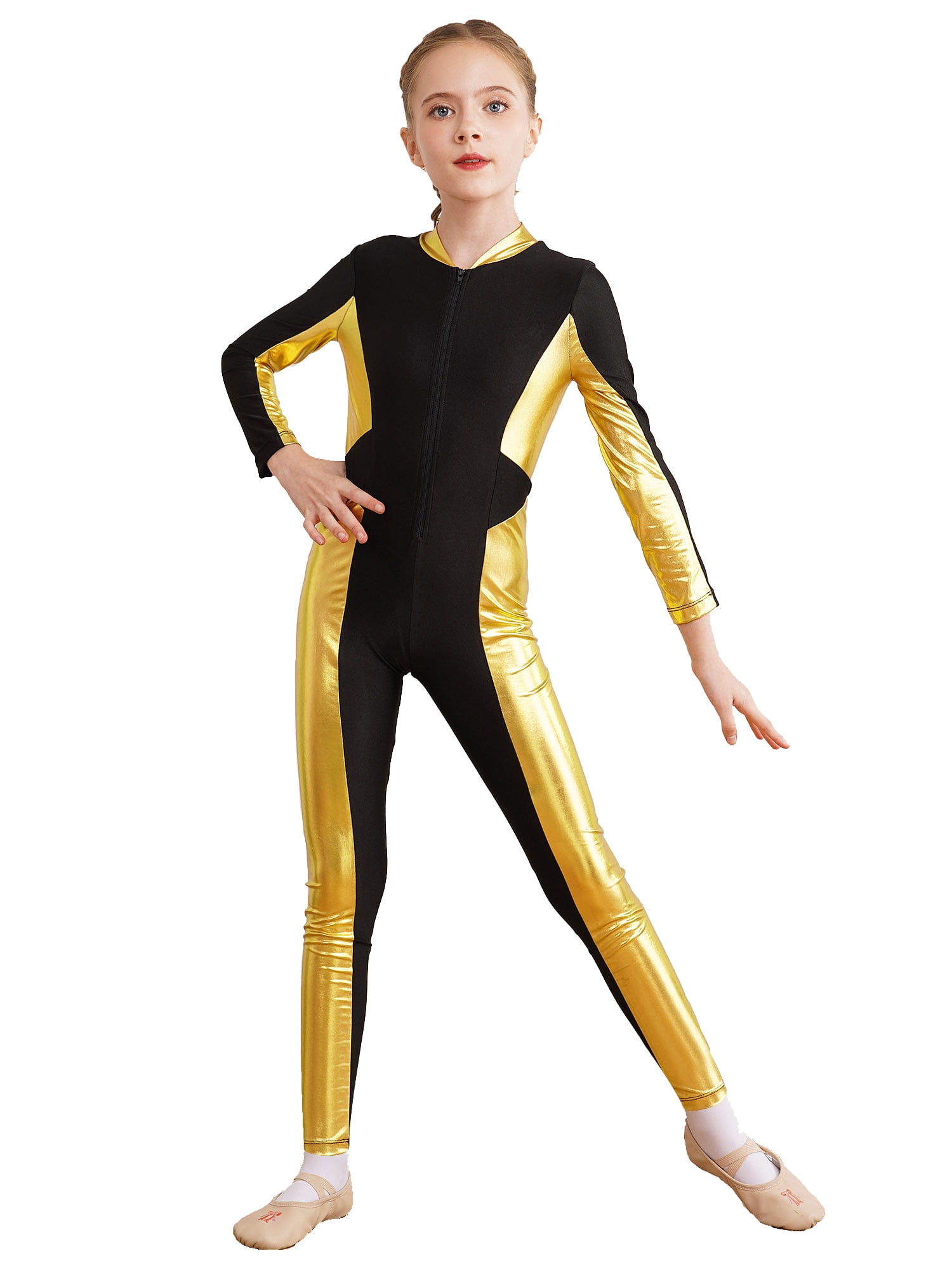 DPOIS Kids Girls Gymnastics Unitard Long Sleeve Jumpsuit Metallic Full ...
