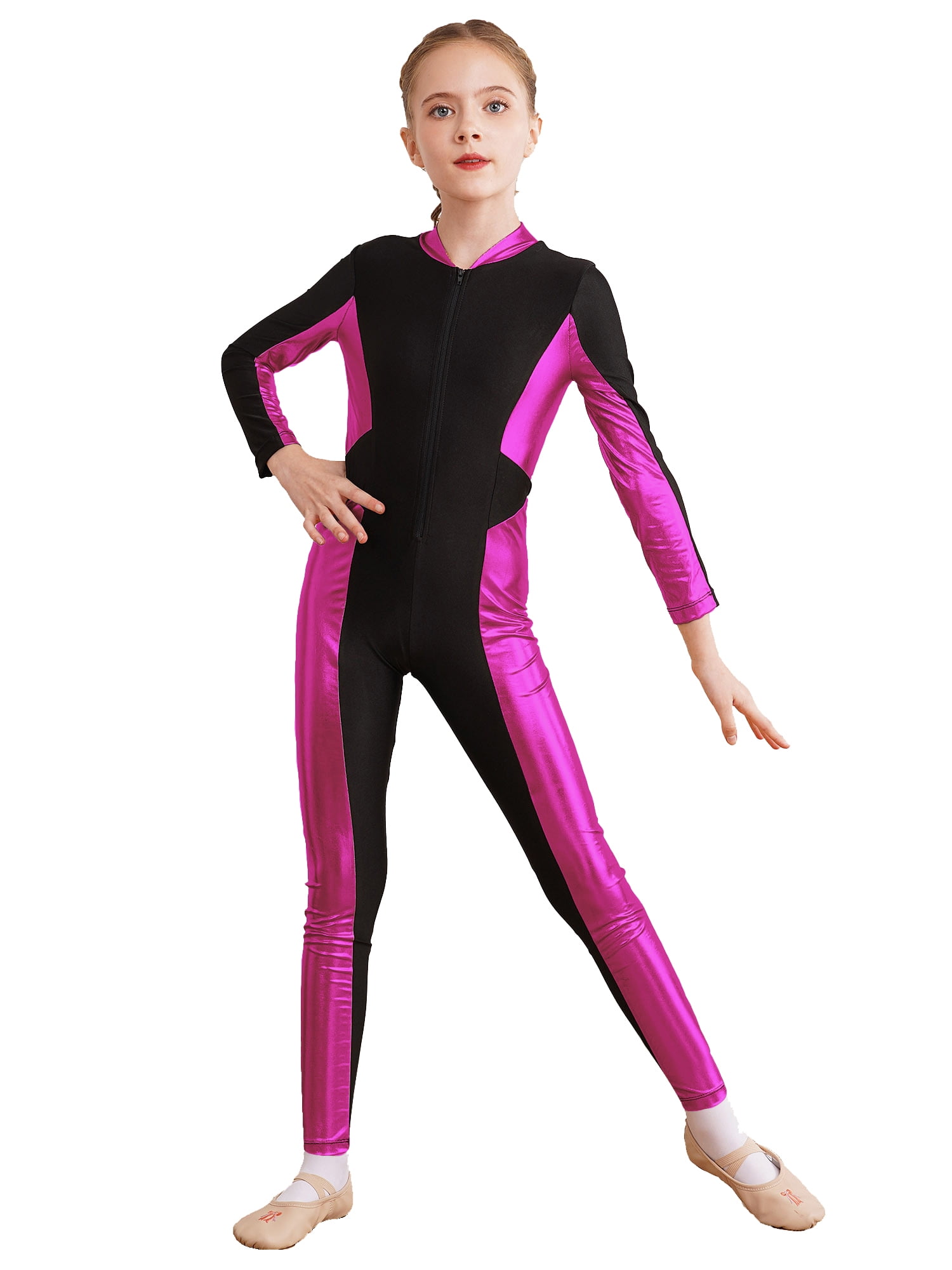 DPOIS Kids Girls Gymnastics Unitard Long Sleeve Jumpsuit Metallic Full ...