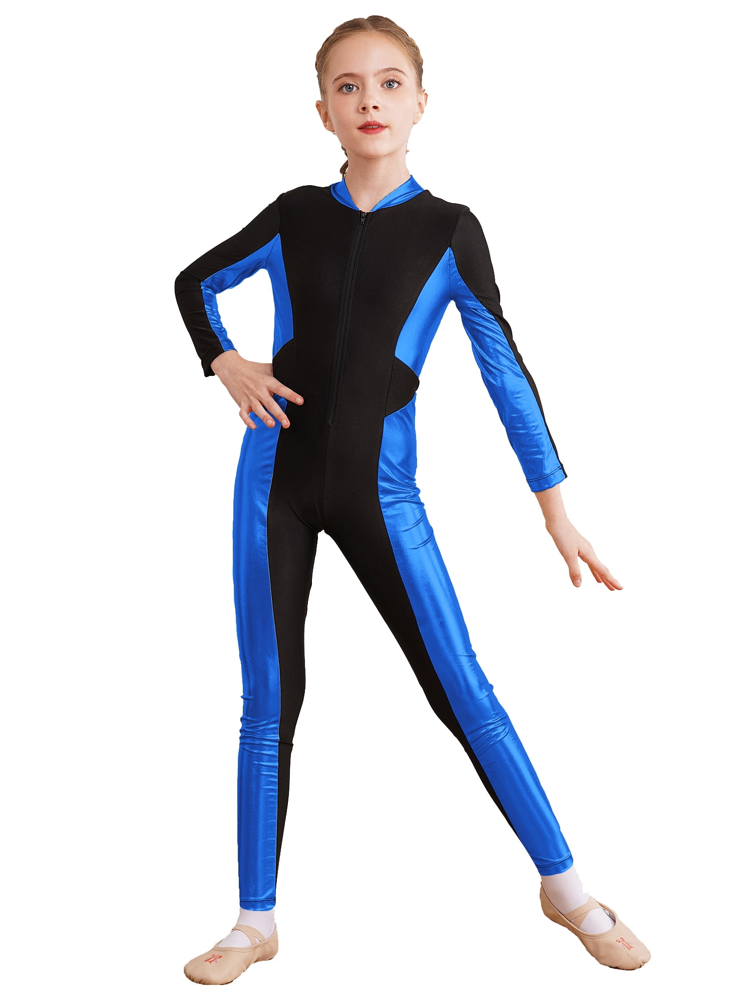 DPOIS Kids Girls Gymnastics Unitard Long Sleeve Jumpsuit Metallic Full ...