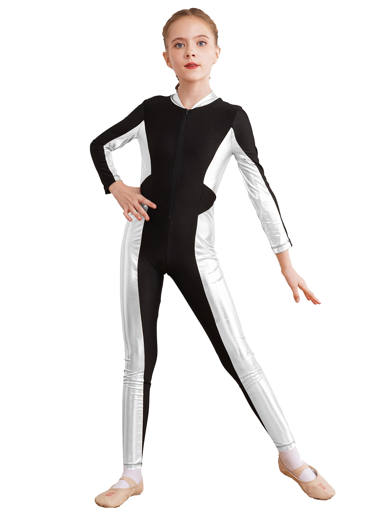 DPOIS Kids Girls Gymnastics Unitard Long Sleeve Jumpsuit Metallic Full ...